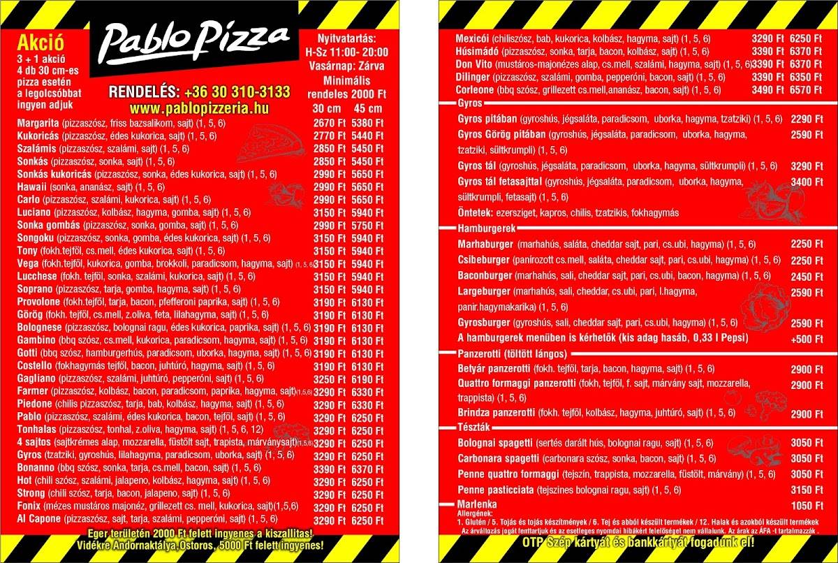 Menu at Pablo Pizzéria - Pizza Eger pizzeria, Eger