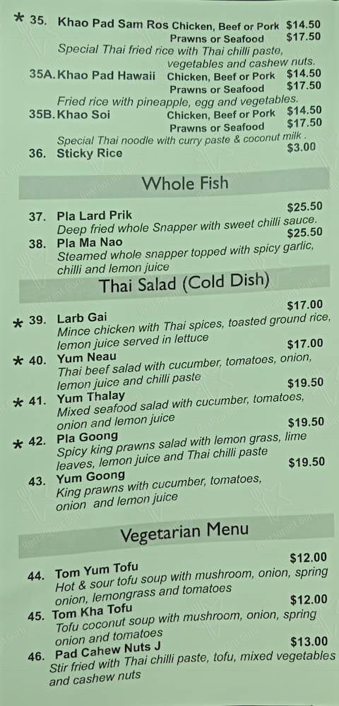 Menu at Pad Thai restaurant, Auckland, 96 Glengarry Rd