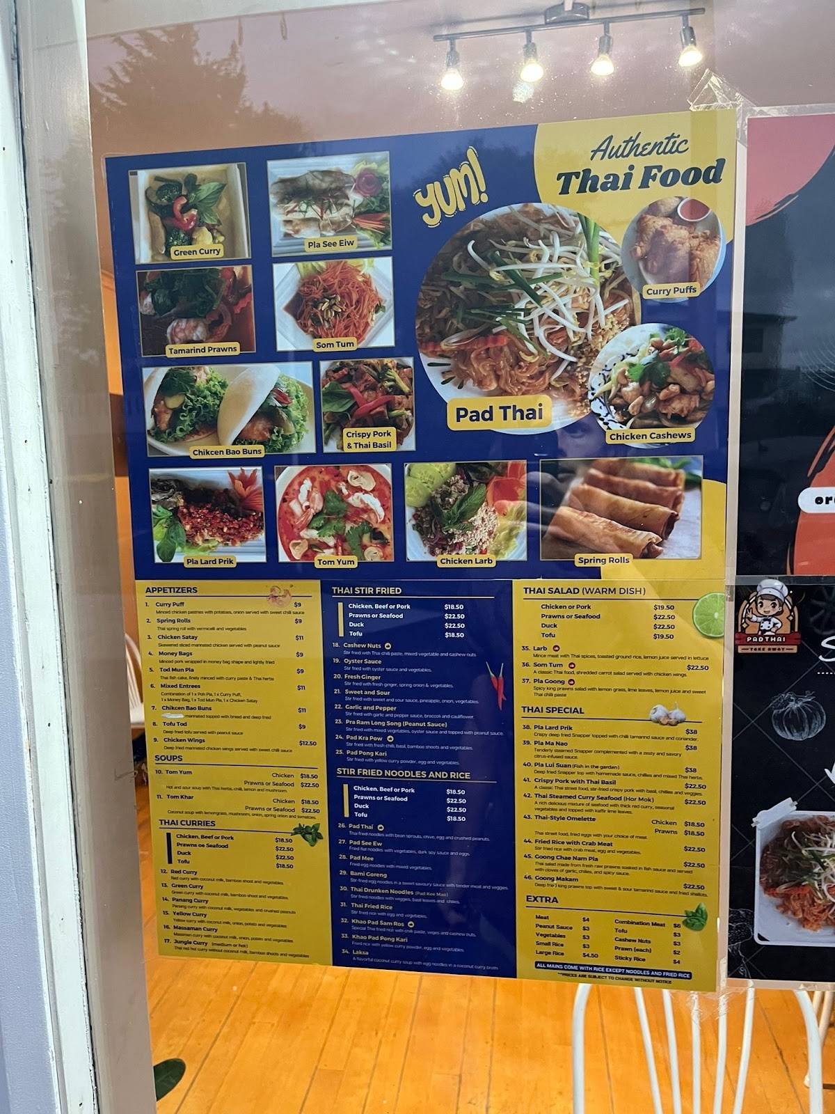 Menu at Pad Thai restaurant, Auckland, 96 Glengarry Rd