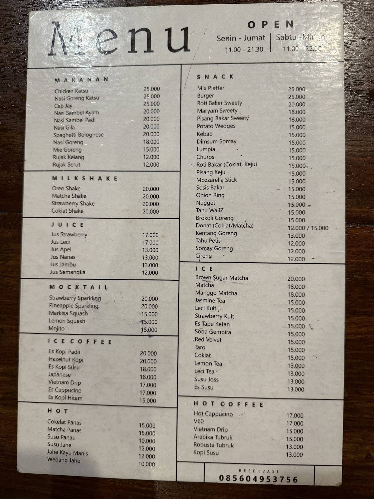 Menu at Padi cafe, Indonesia