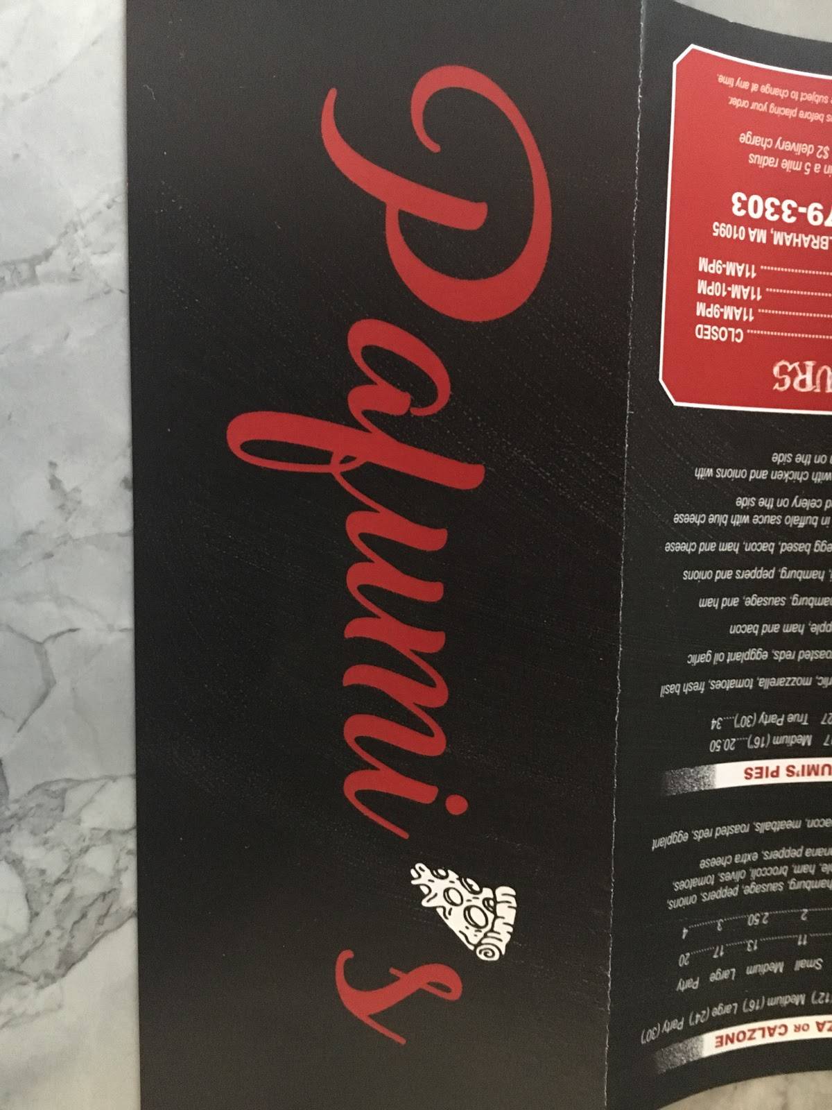 Menu at Pafumi's on main pizzeria, Wilbraham