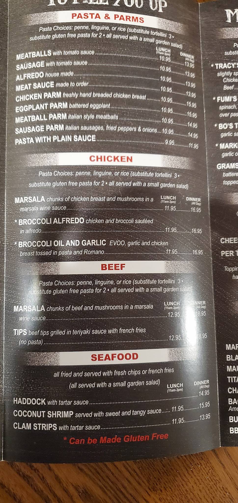 Menu at Pafumi's on main pizzeria, Wilbraham