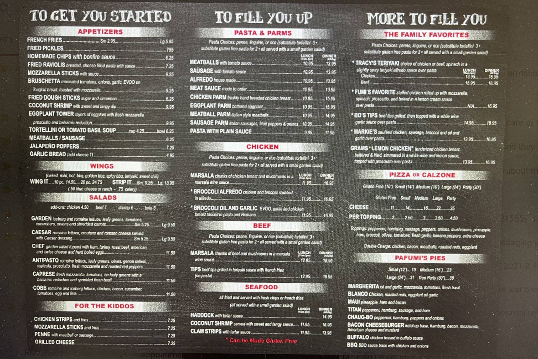 Menu at Pafumi's on main pizzeria, Wilbraham