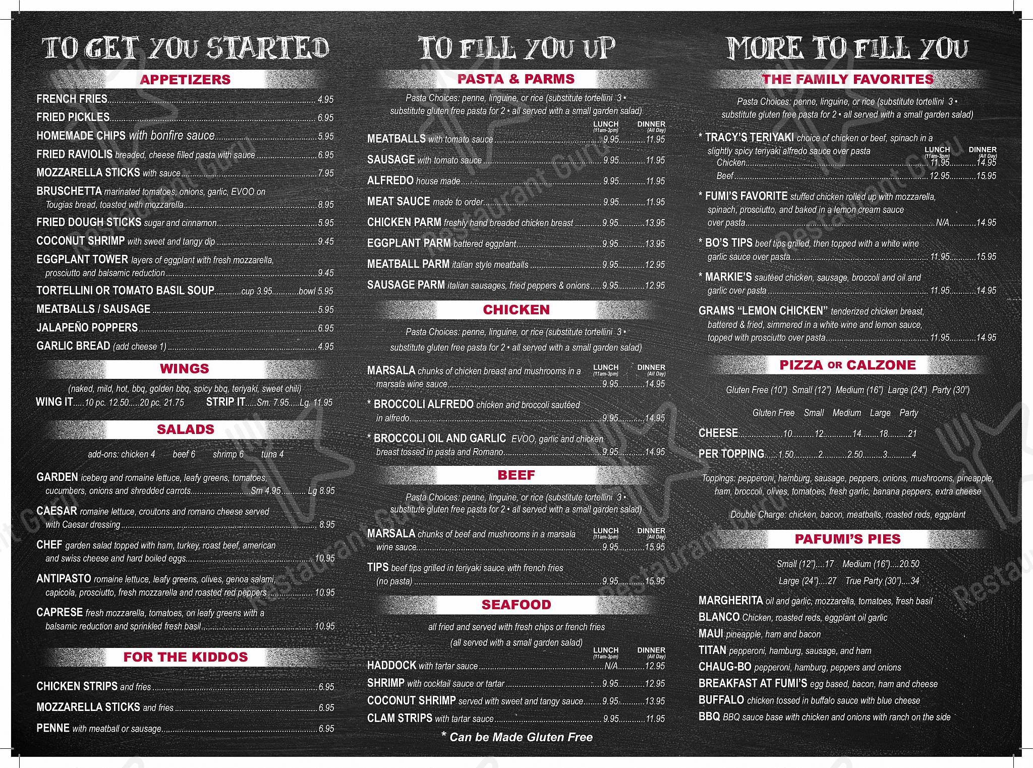 Menu at Pafumi's on main pizzeria, Wilbraham