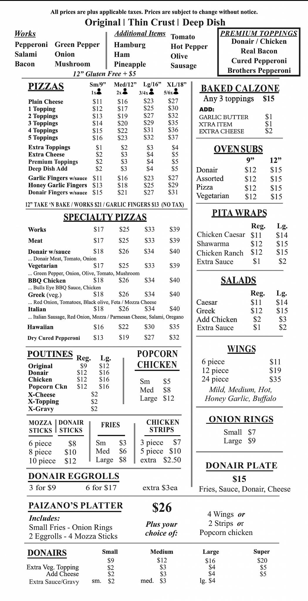 Menu at Paizano's Pizzeria & Donair, Springhill