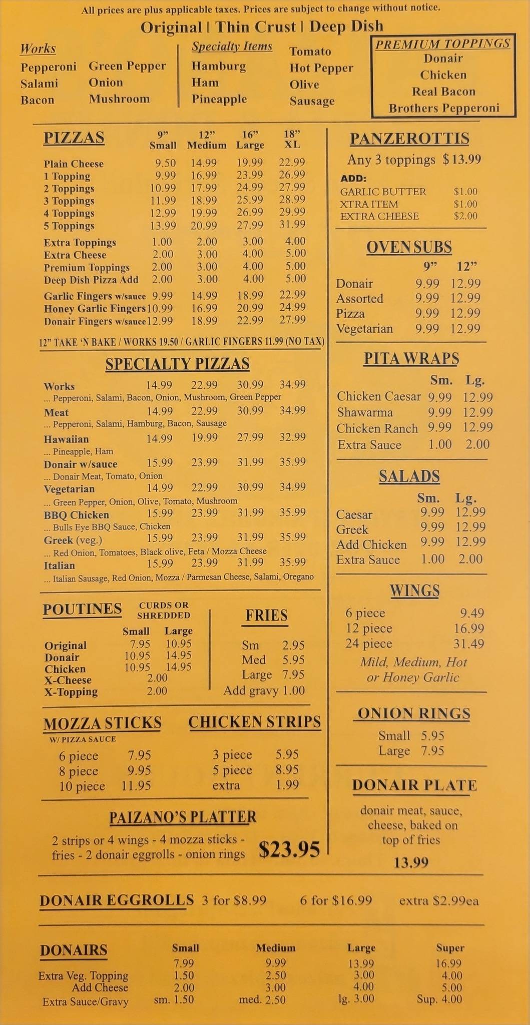 Menu at Paizano's Pizzeria & Donair, Springhill