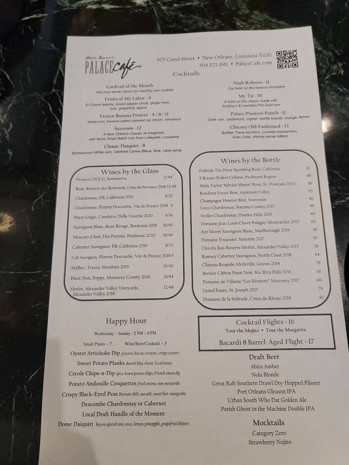 Menu at Palace Café by Dickie Brennan & Co. restaurant, New Orleans
