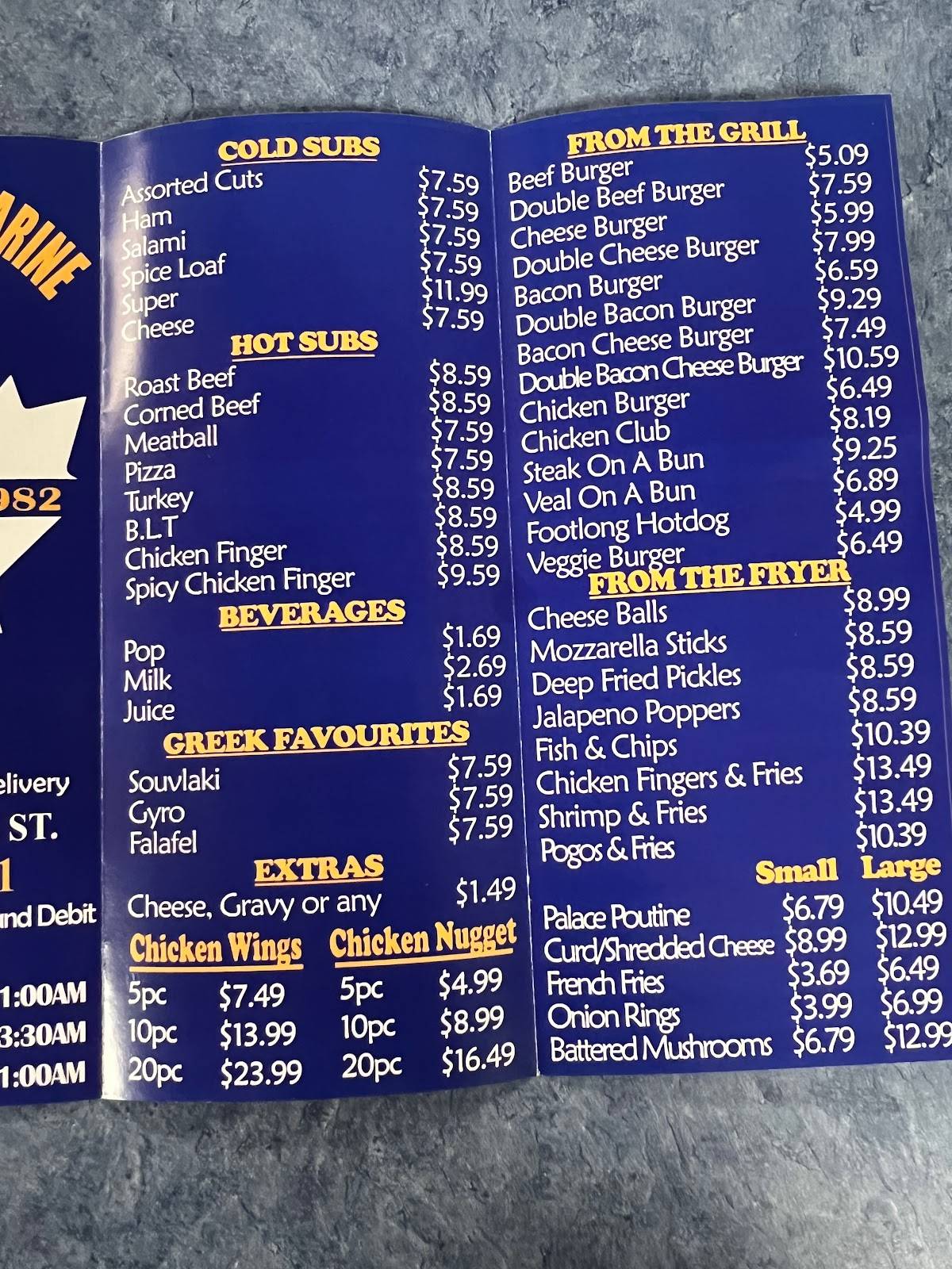 Menu at Palace Submarine restaurant, Brantford