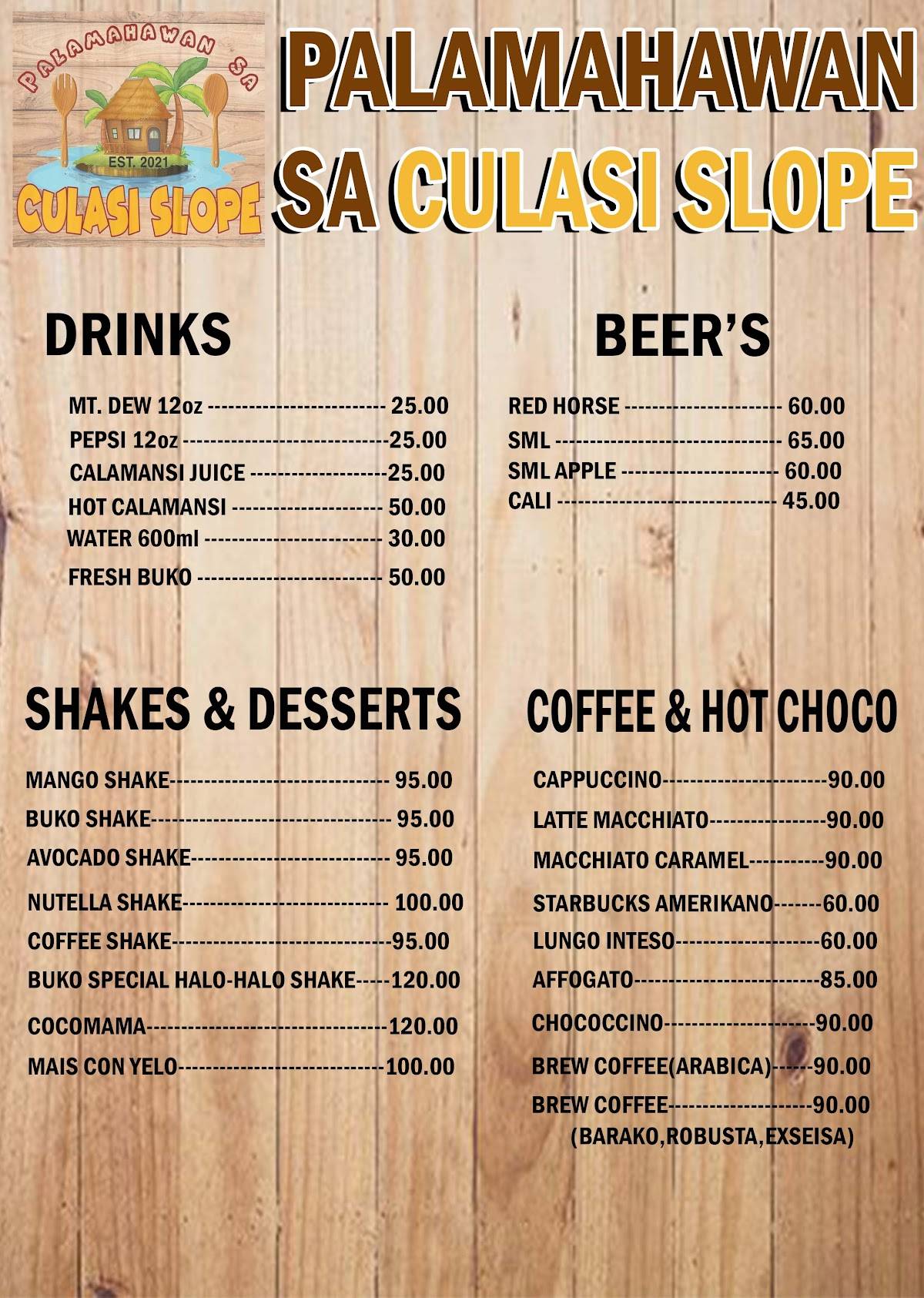 Menu at Palamahawan sa Culasi Slope restaurant, Roxas City