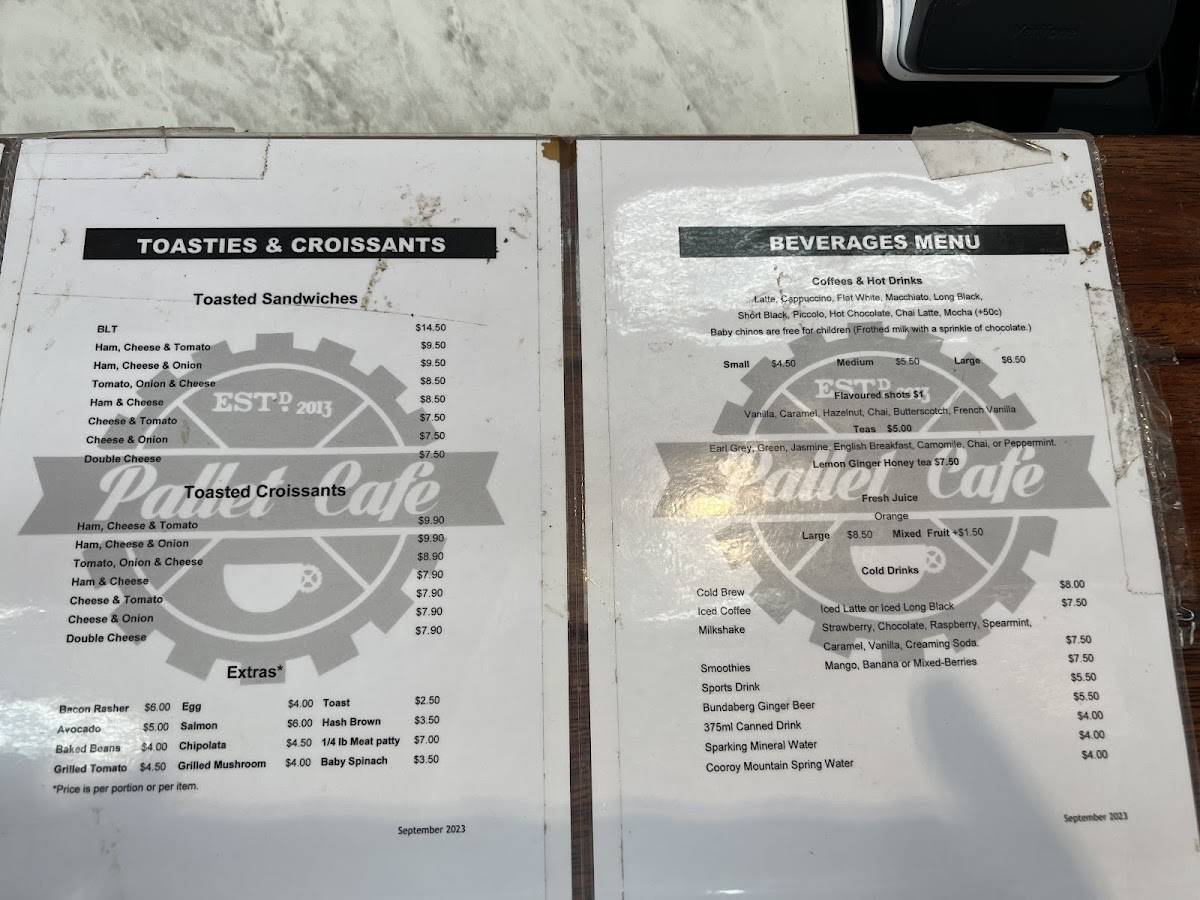 Menu at Pallet Cafe, Brisbane City