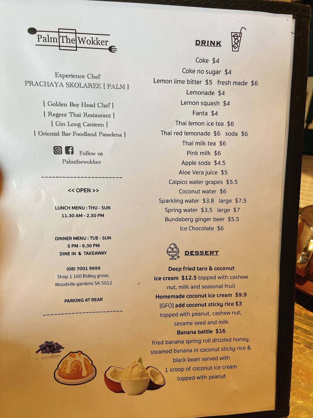 Menu at Palm The Wokker restaurant, Woodville Gardens