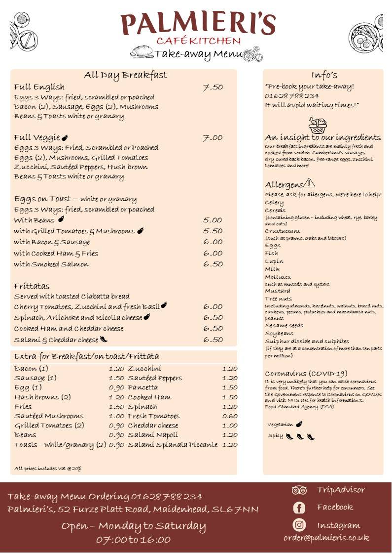 Menu at Palmieri's cafe, Maidenhead