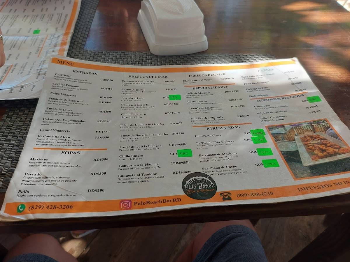 Carta de Palo Beach Bar y Restaurante, Playa Juan Dolio