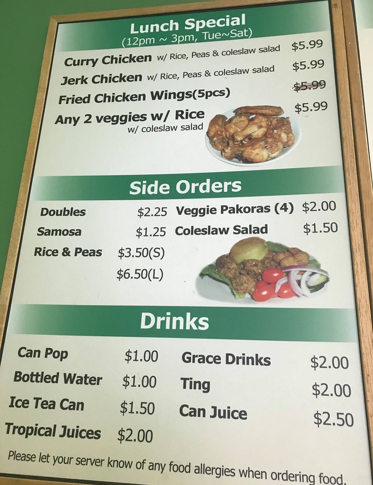 Menu at Pam's Roti Shop restaurant, Toronto