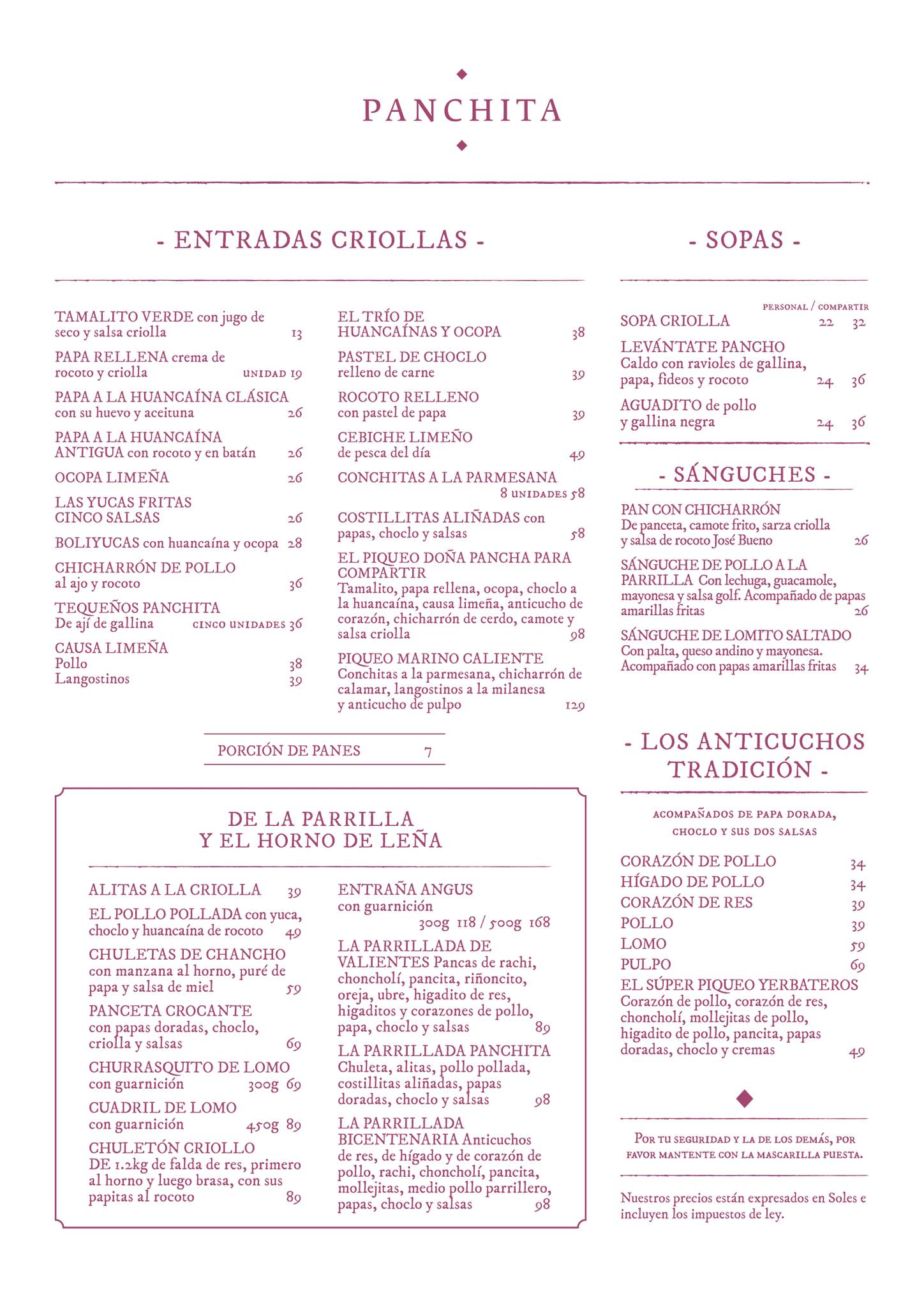Carta del restaurante Panchita - Miraflores, Miraflores, C. 2 del Mayo 298