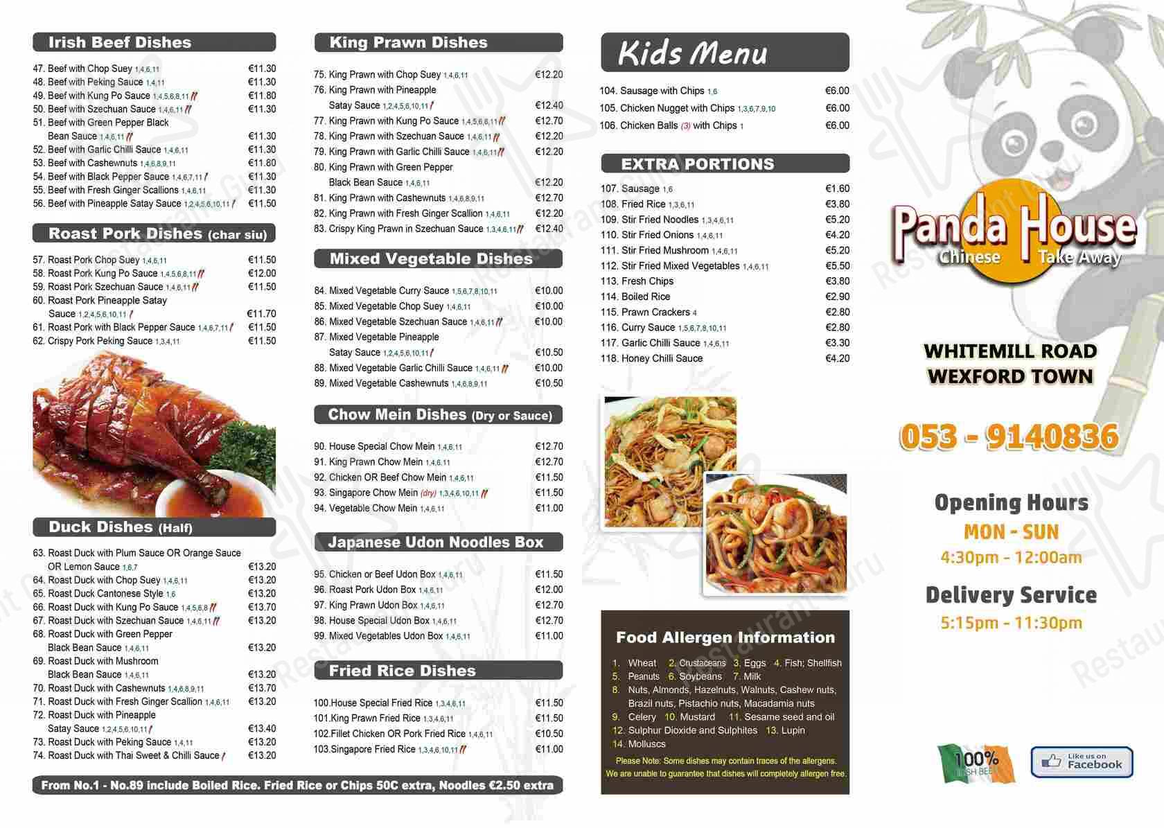 Menu at Panda House cafe, Wexford, White Mill Rd