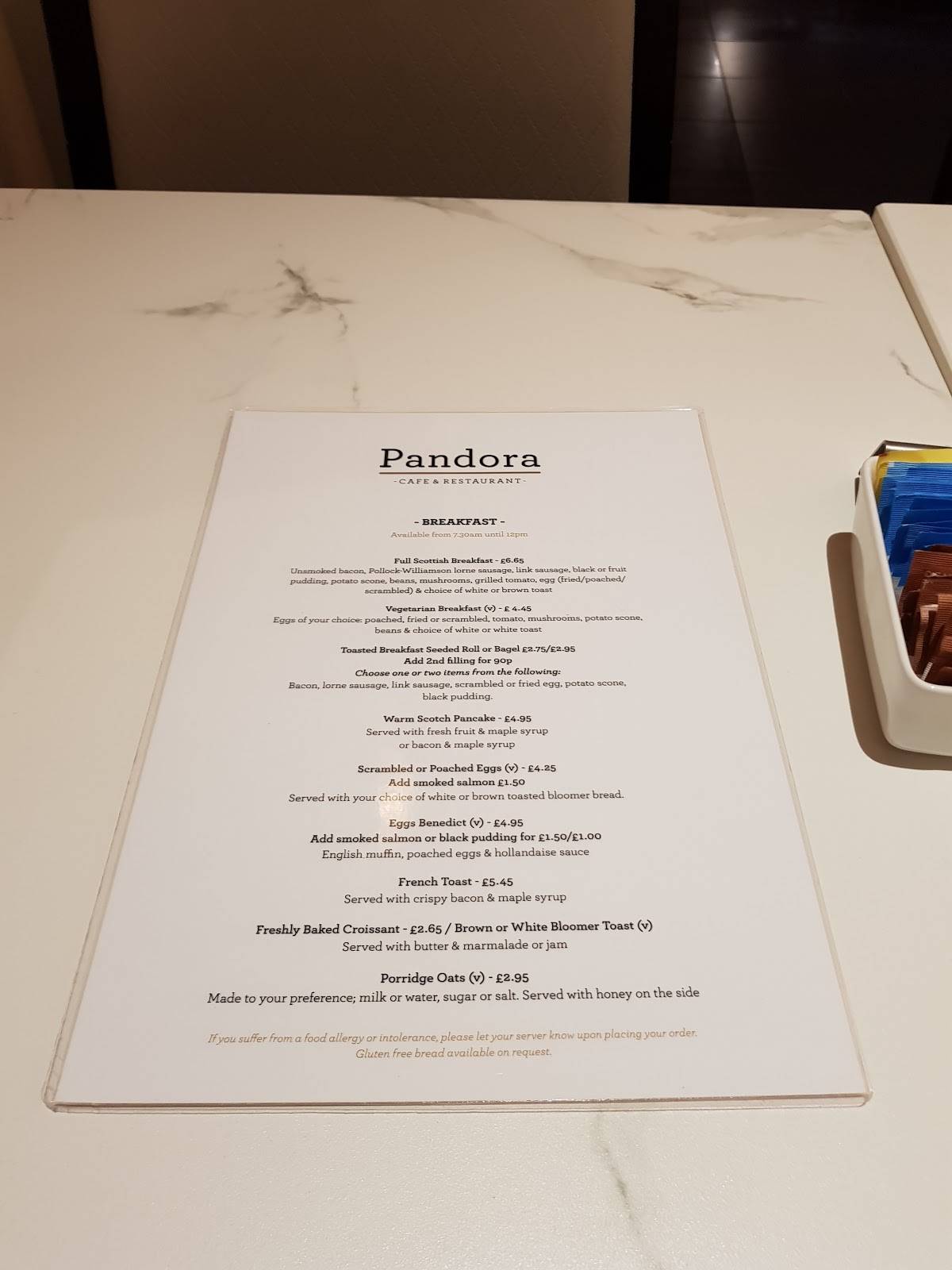 Menu at Pandora cafe, Ayr