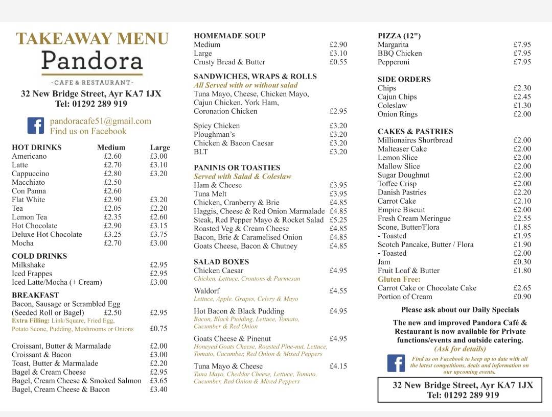 Menu at Pandora cafe, Ayr