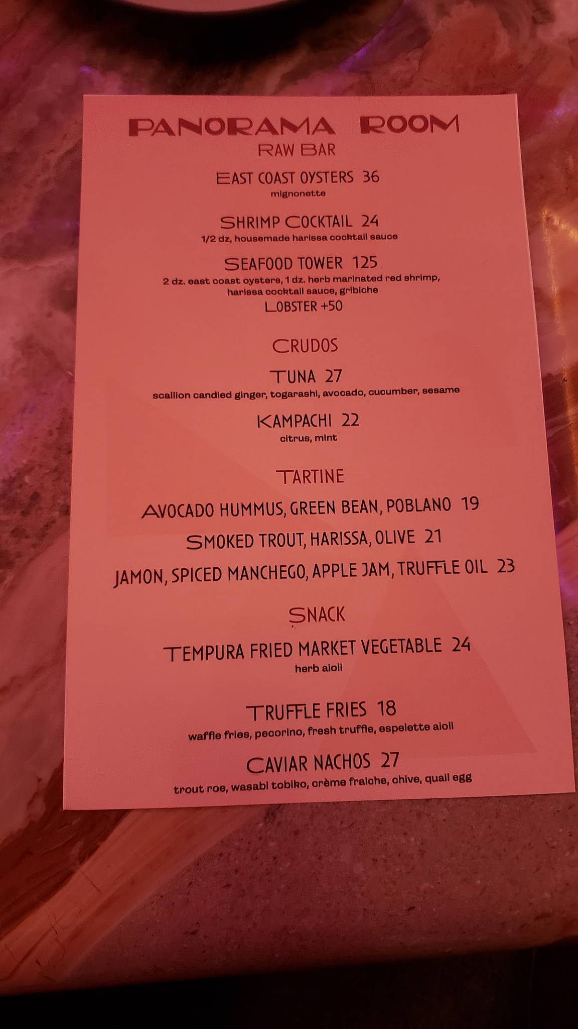 Menu at Panorama Room pub & bar, New York City