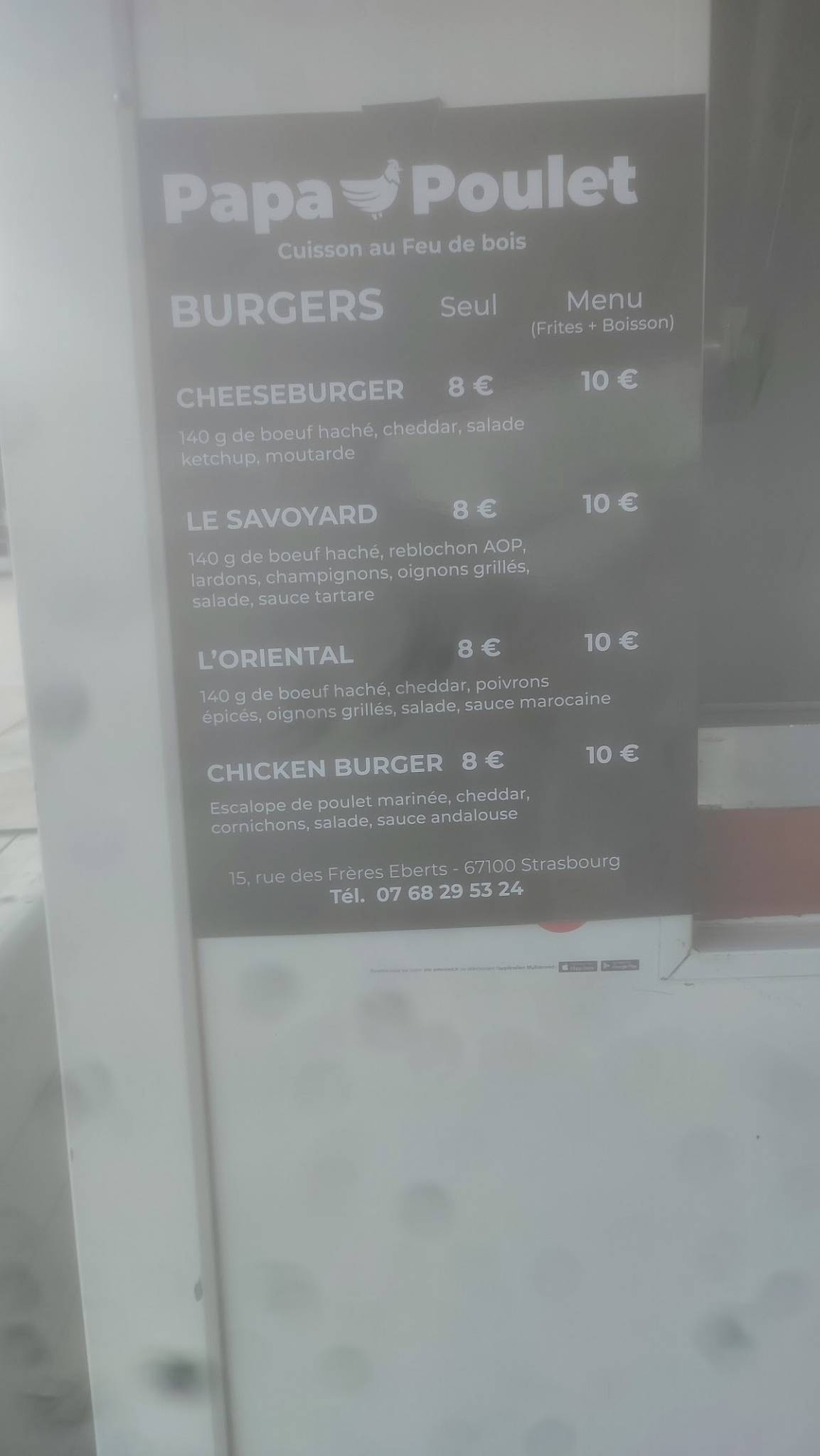 Menu at Papa poulet restaurant, Strasbourg