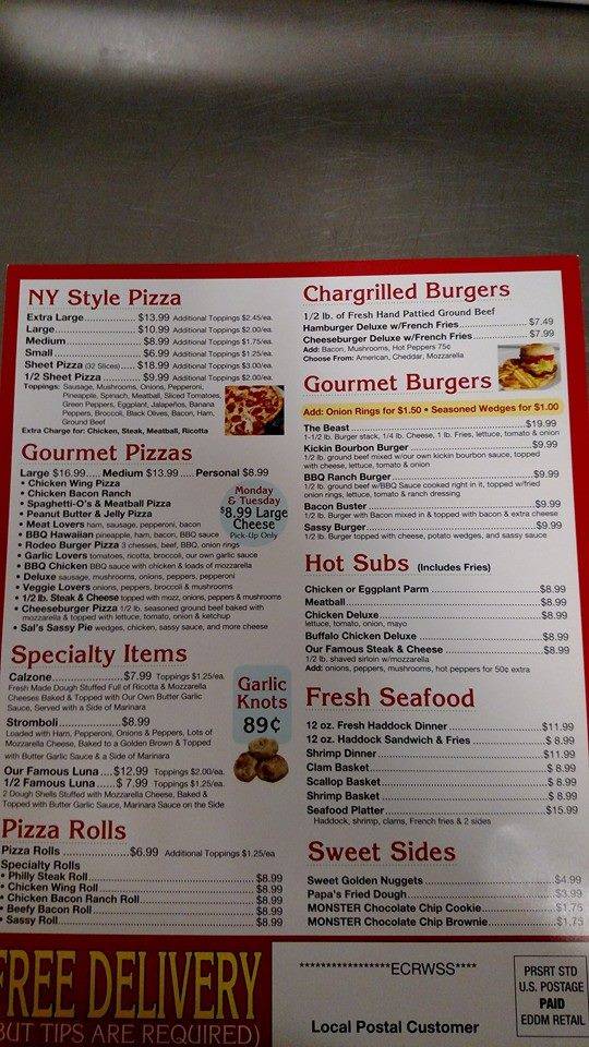 Menu at Papa's Express Sals Birdland pizzeria, Syracuse