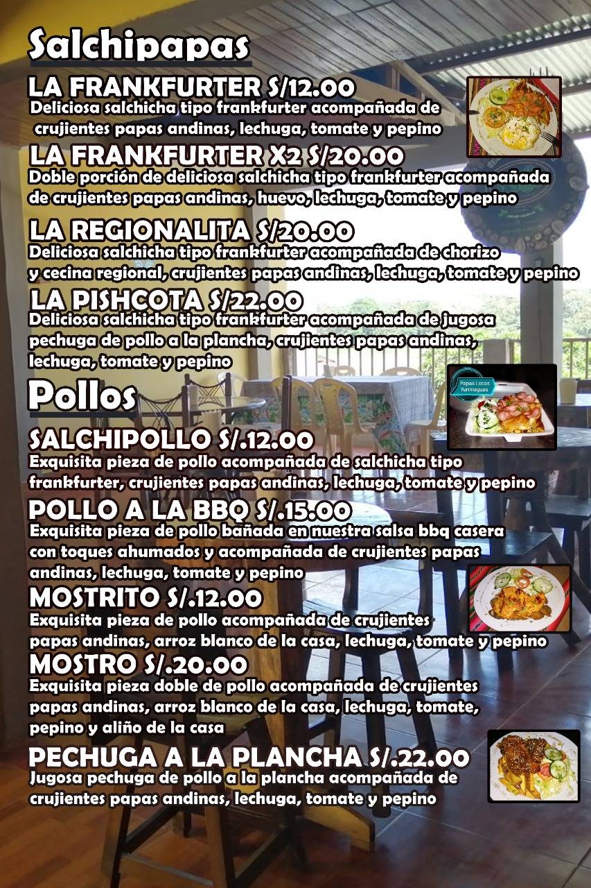 Carta del restaurante Papas Locas, Yurimaguas