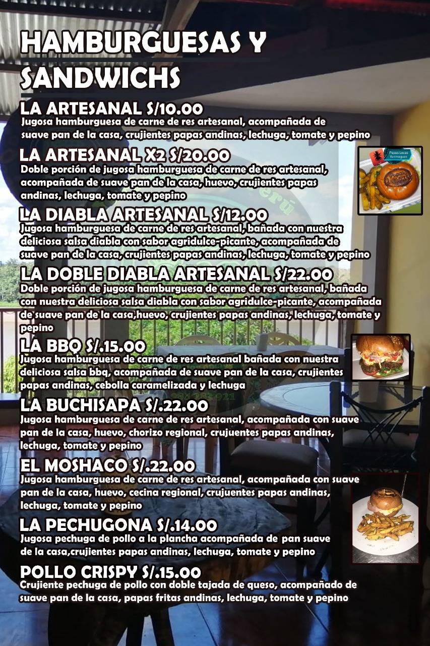 Carta del restaurante Papas Locas, Yurimaguas