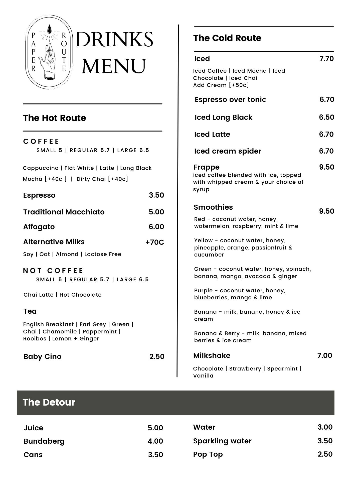 Menu at Paper Route Coffee cafe, Glen Iris