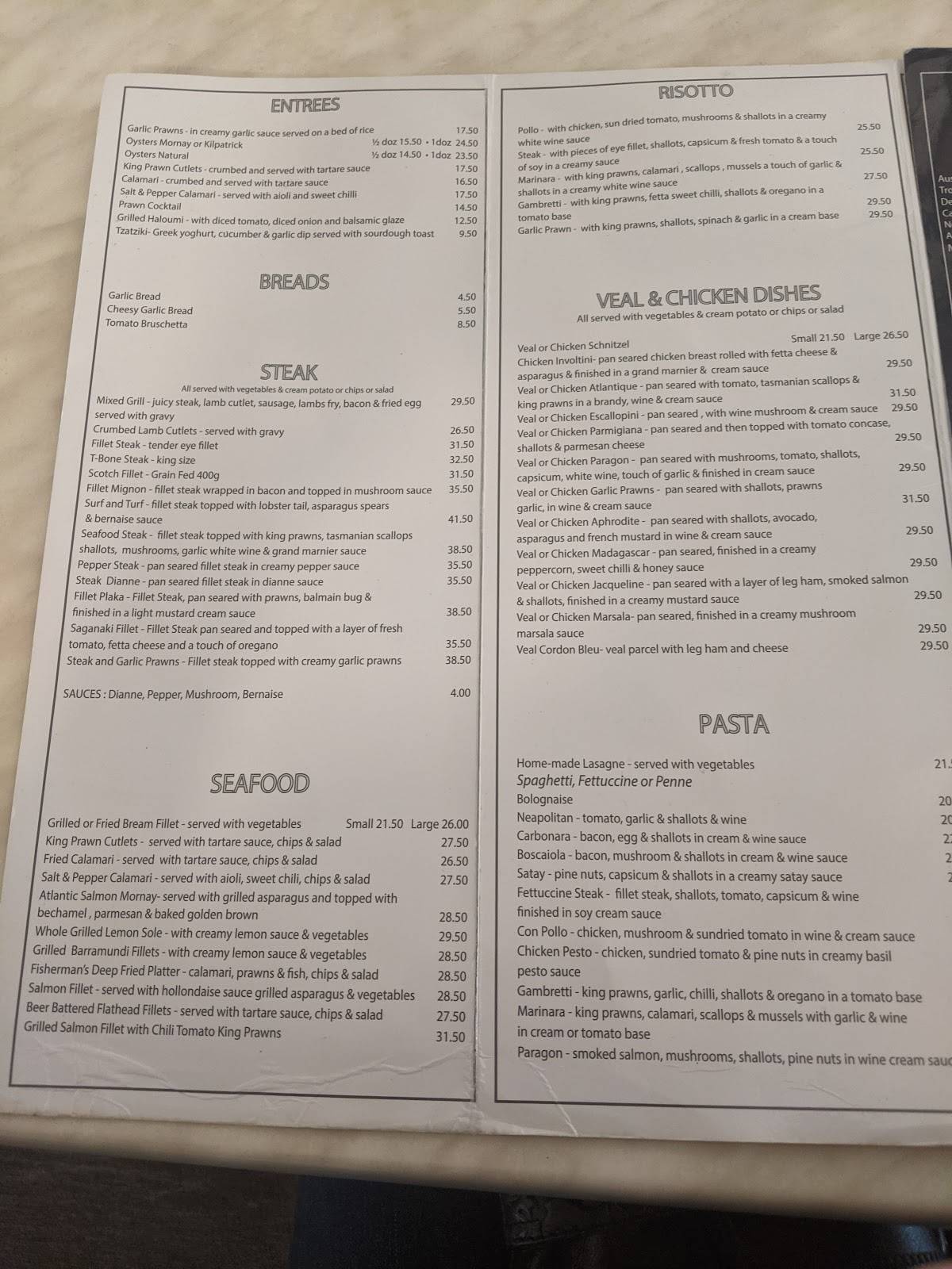 Menu at Paragon Cafe, Goulburn