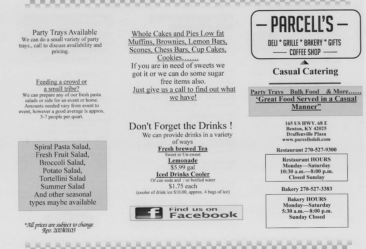 Menu at Parcell's Deli & Grille cafe, Draffenville