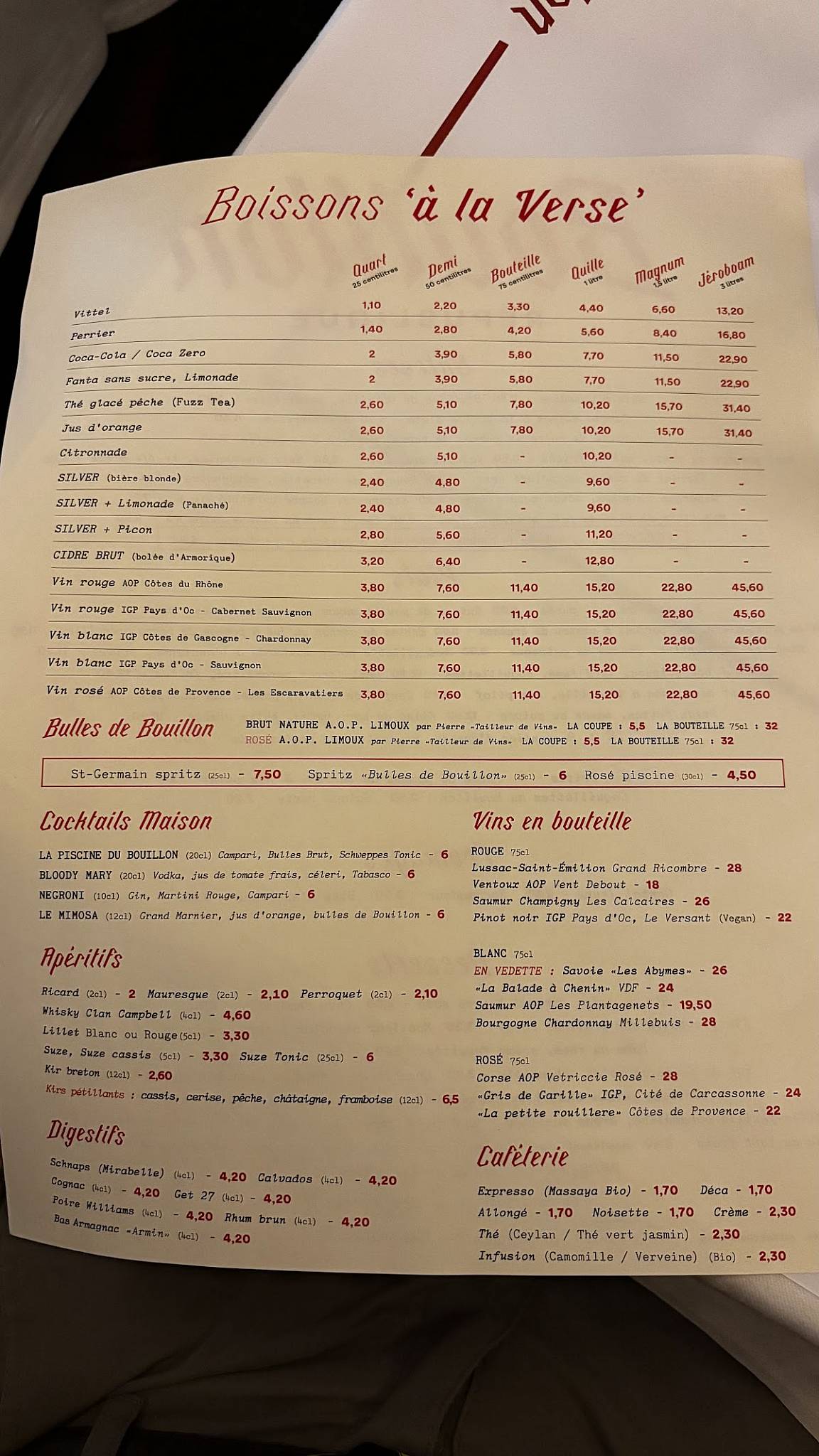 Menu au Bouillon République, Paris