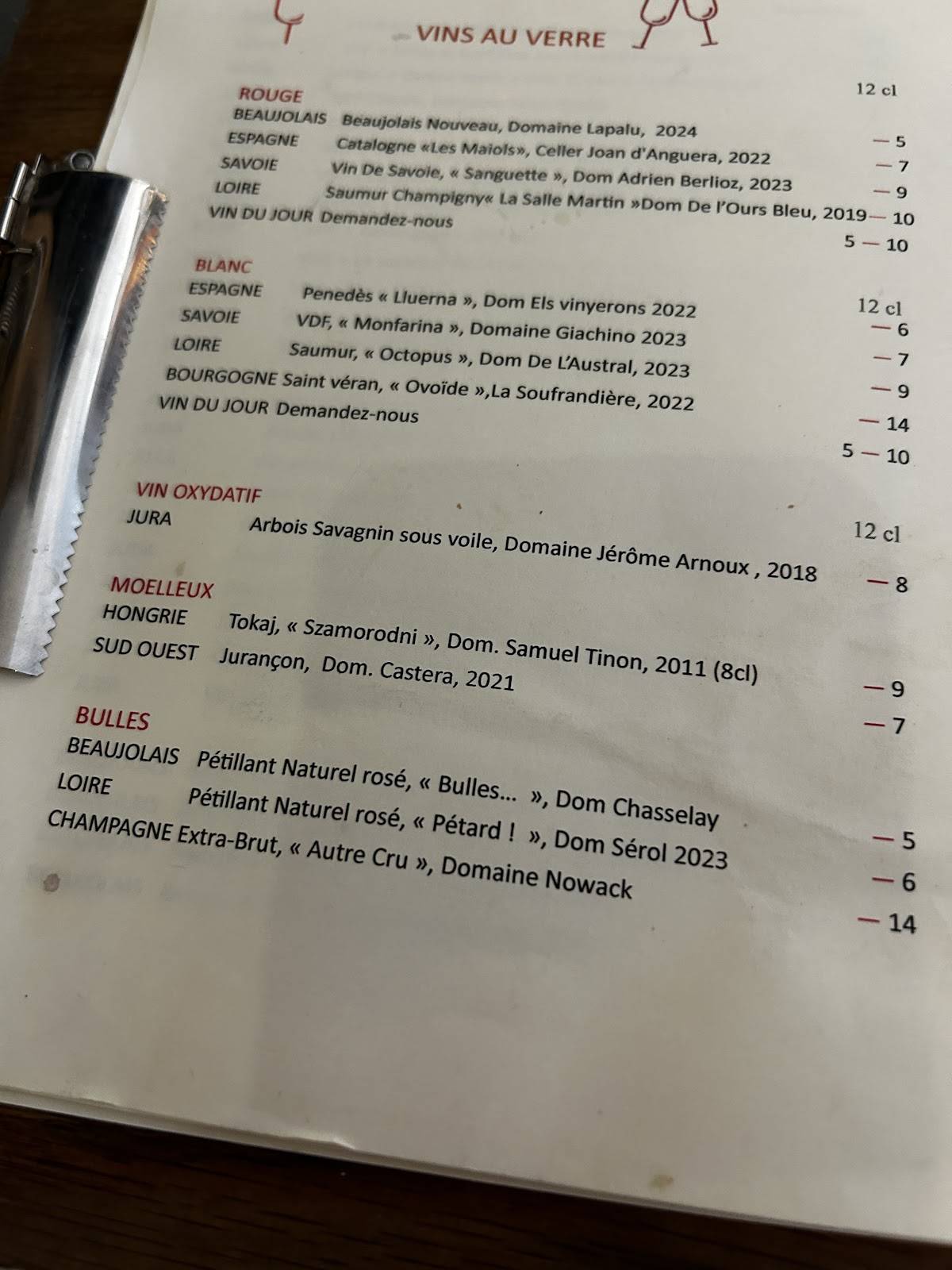 Menu at Glou restaurant, Paris, 101 Rue Vieille du Temple