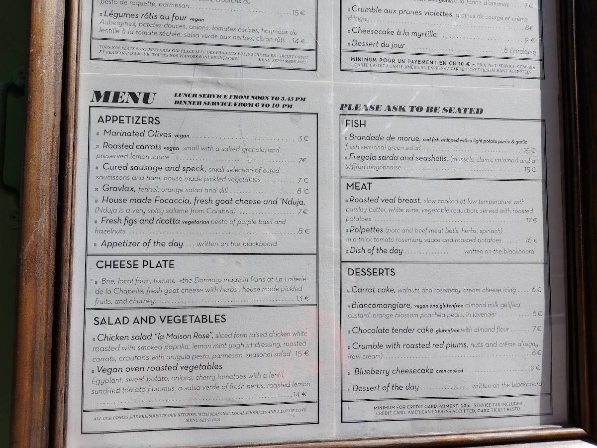 Menu at La Maison Rose restaurant, Paris, 2 Rue de l'Abreuvoir