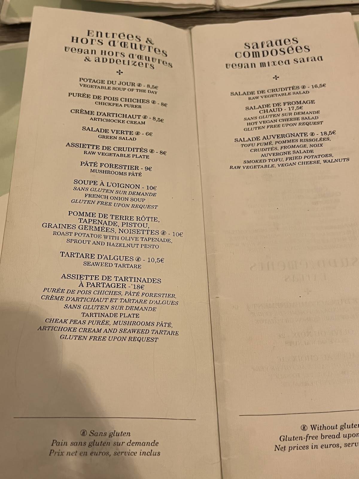 Menu at Le Potager du Marais restaurant, Paris, 26 Rue Saint-Paul