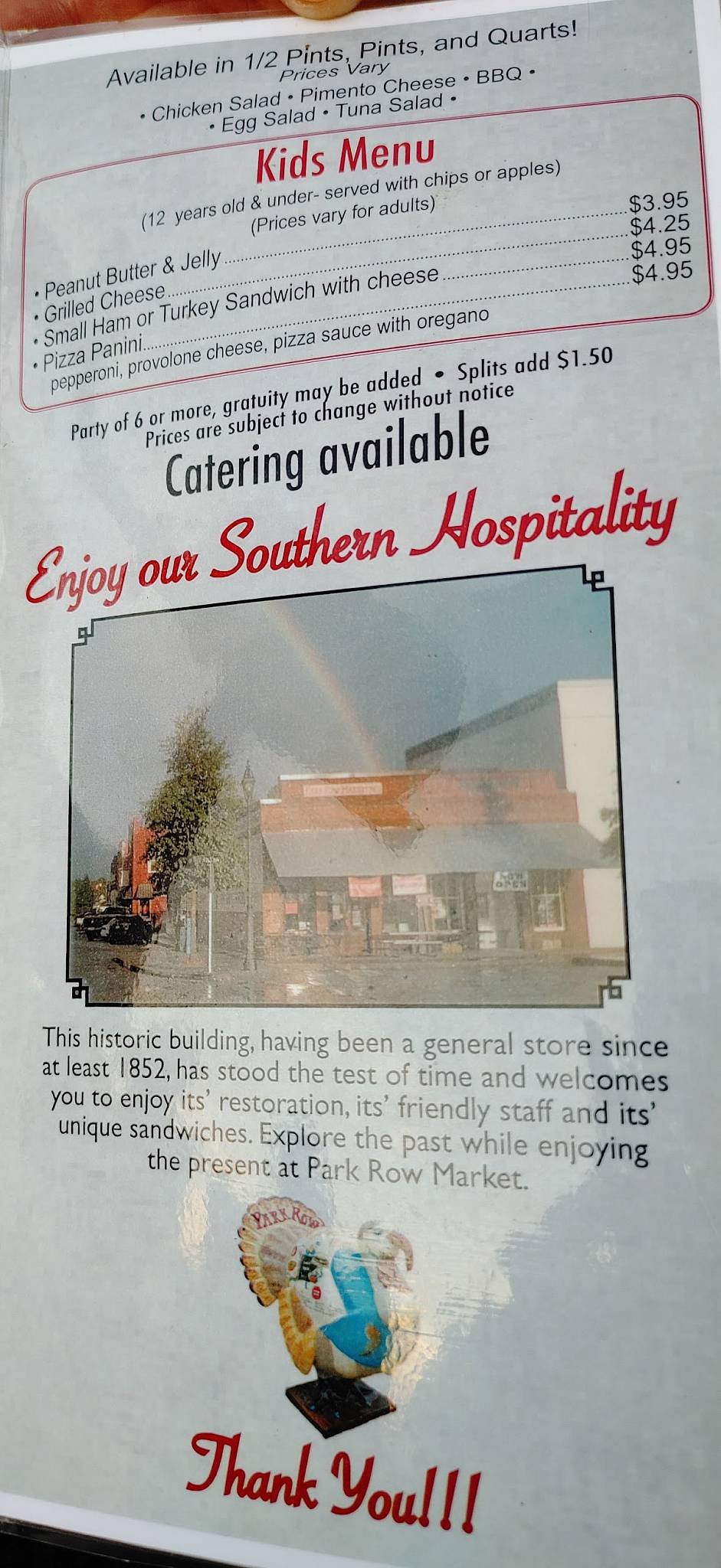 Menu at Park Row Market No. 1 restaurant, Edgefield