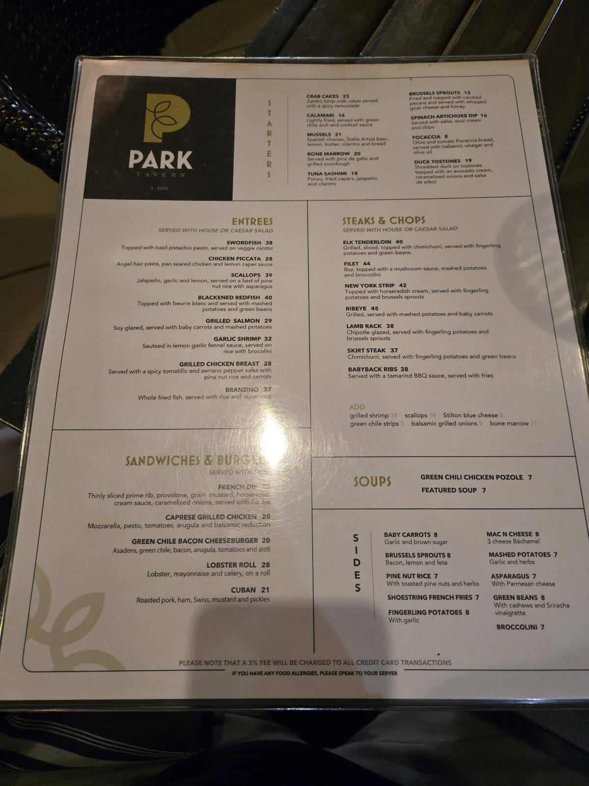 Menu at Park Tavern restaurant, El Paso