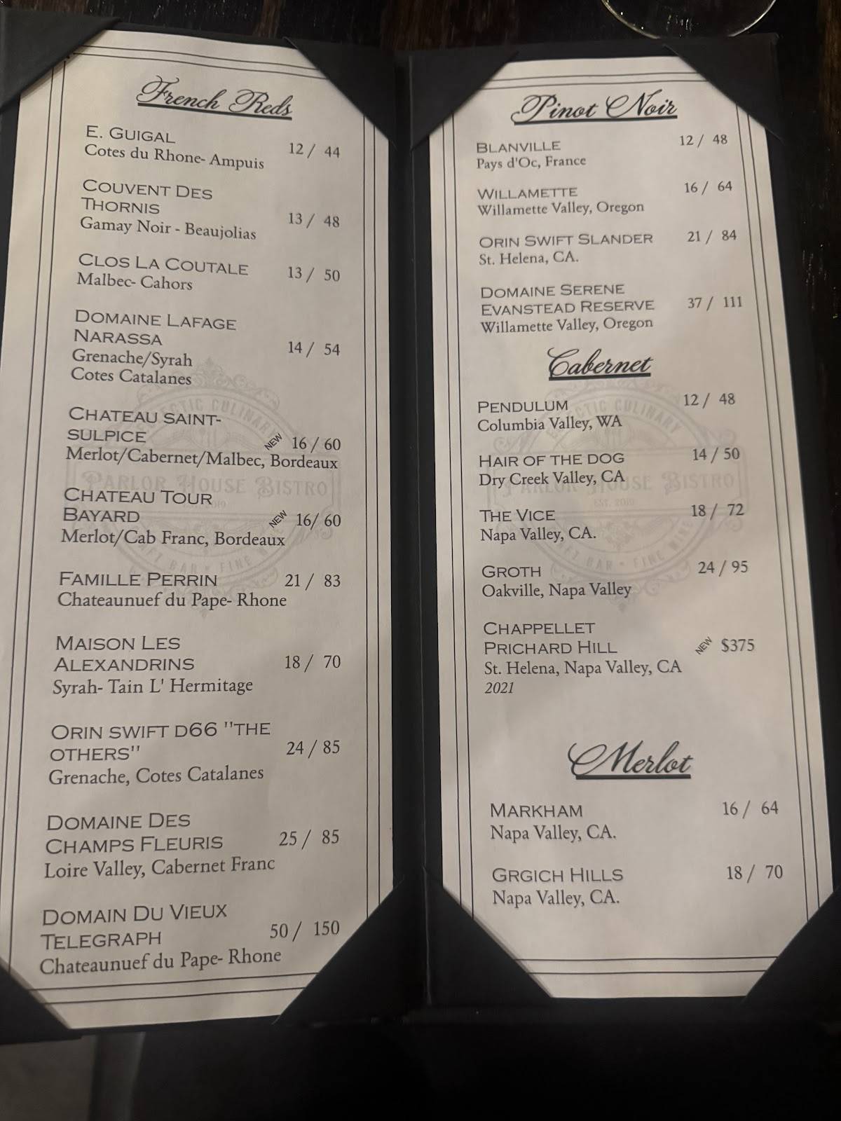 Menu at Parlor House Bistro restaurant, Dunedin