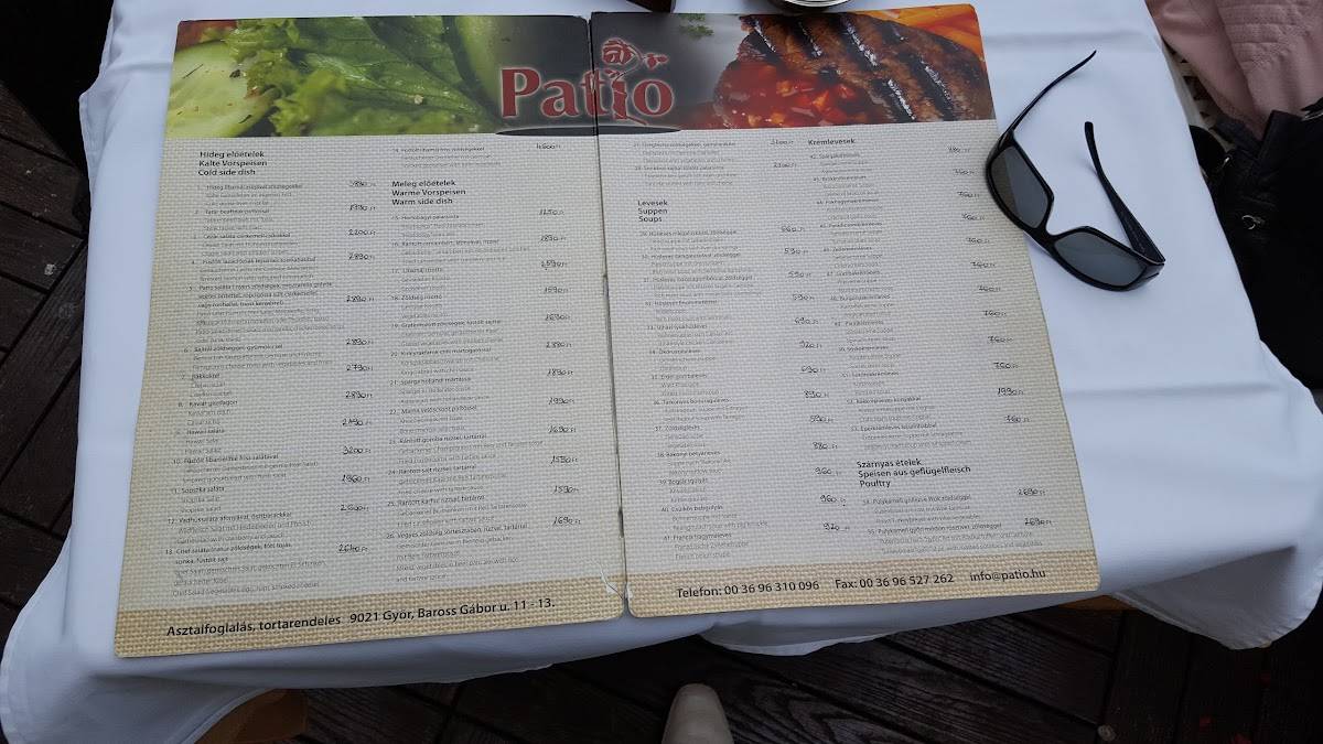 Menu at Patio Étterem restaurant, Győr, Baross Gábor út 12