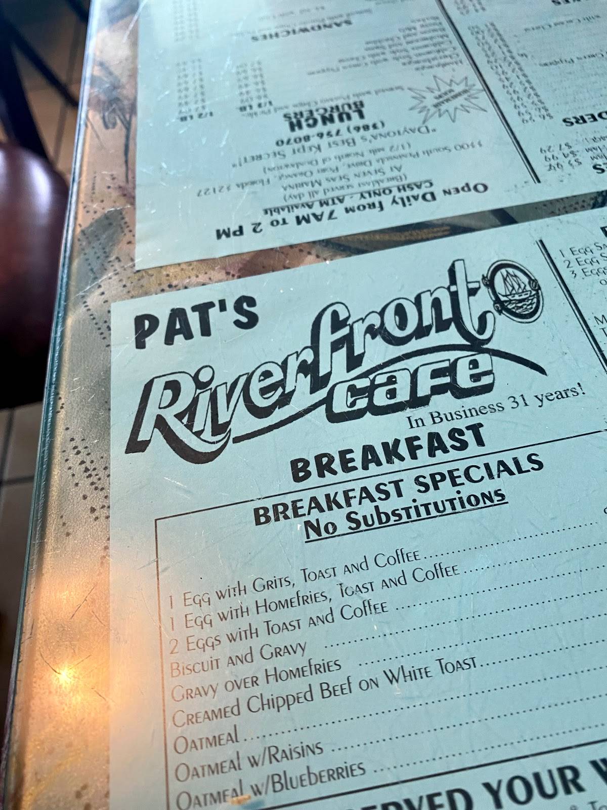 Menu at Pat's Riverfront Cafe, Port Orange