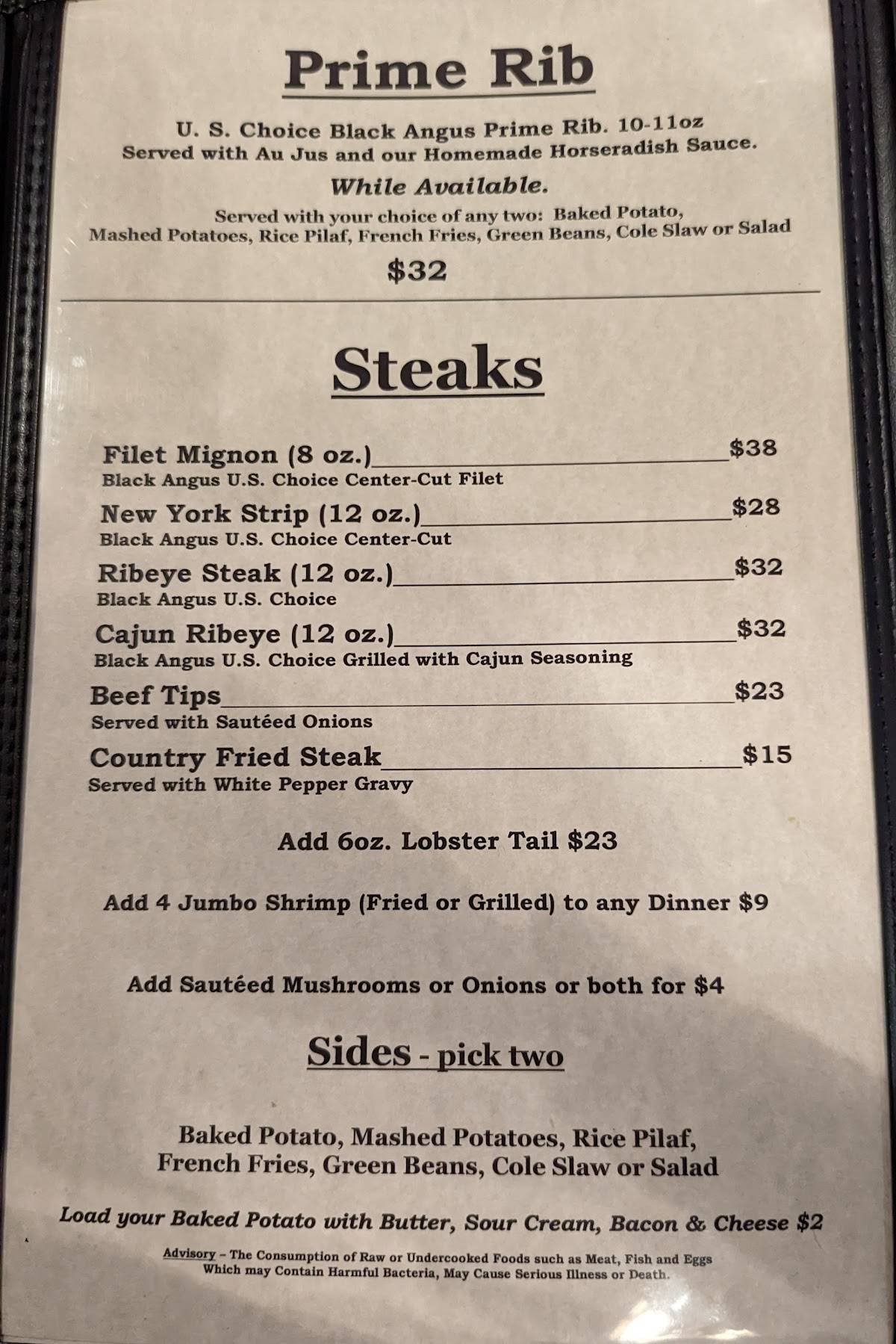 Menu at Paul's Steakhouse, Helen