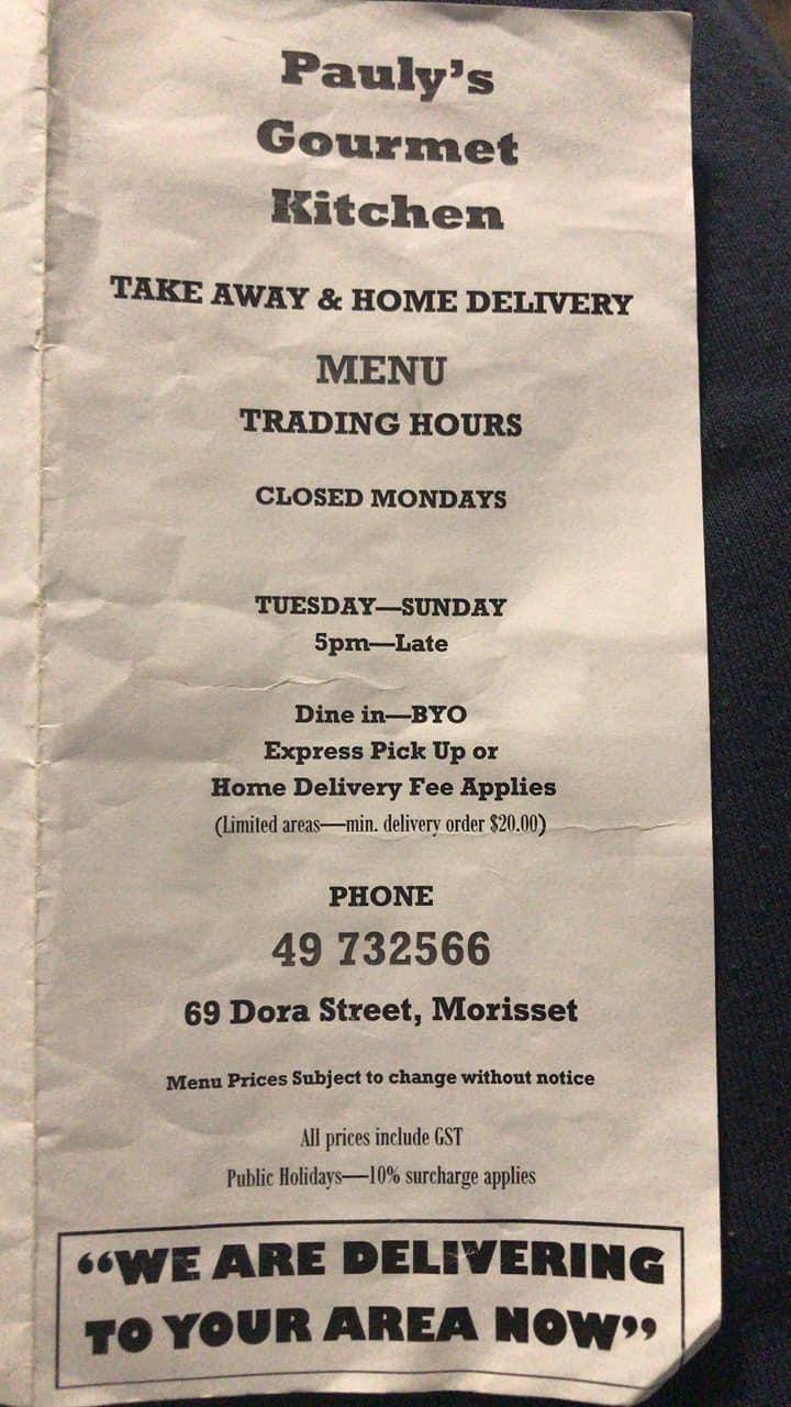 Menu at Pauly's Gourmet Kitchen restaurant, Morisset
