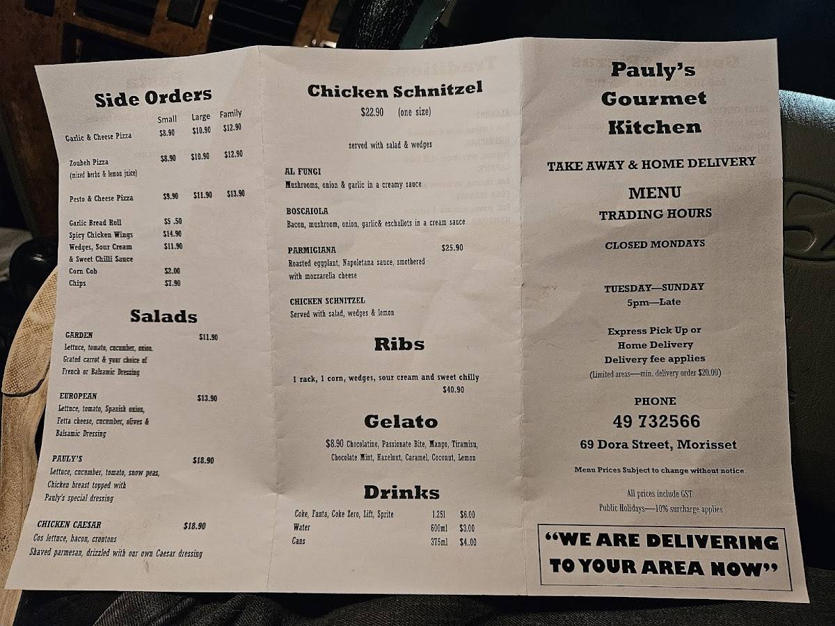 Menu at Pauly's Gourmet Kitchen restaurant, Morisset
