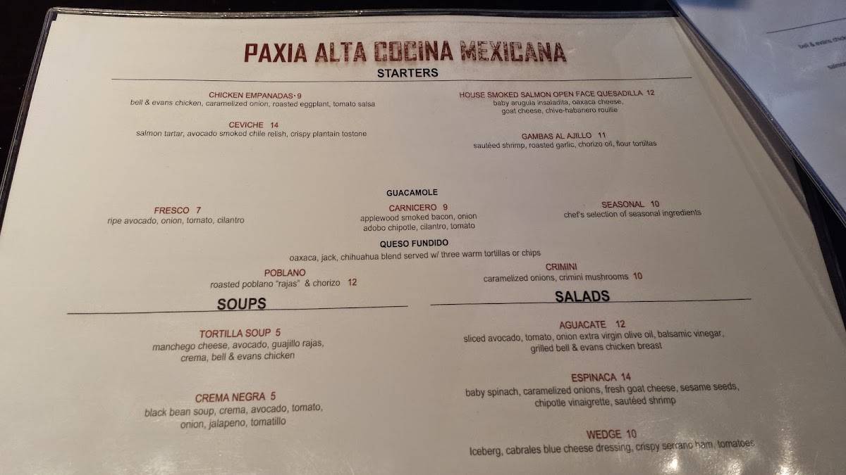 Carta de Paxia Modern Mexican Restaurant & Tequila Bar, Orlando