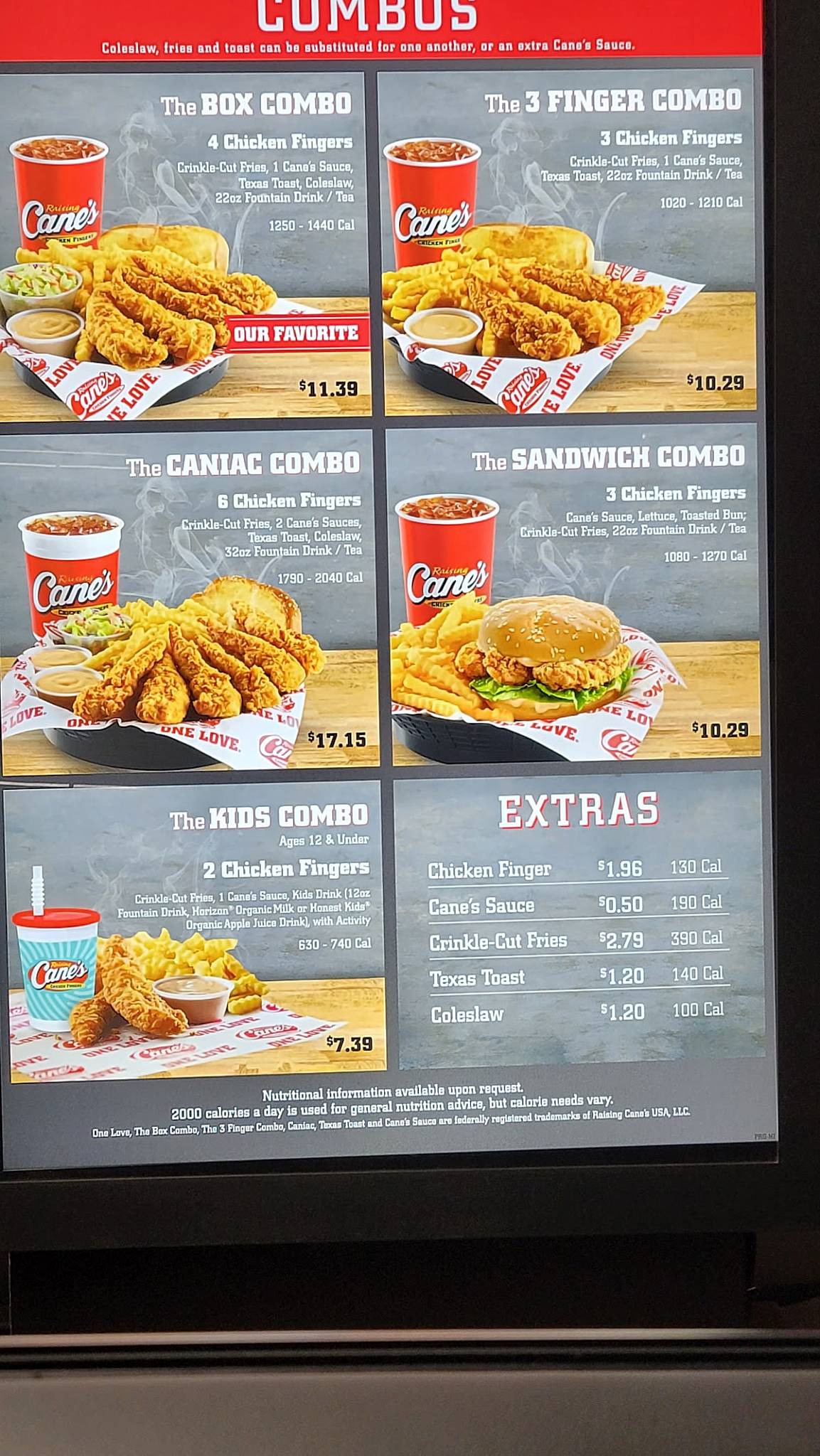Menu at Raising Cane's Chicken Fingers fast food, Waimalu
