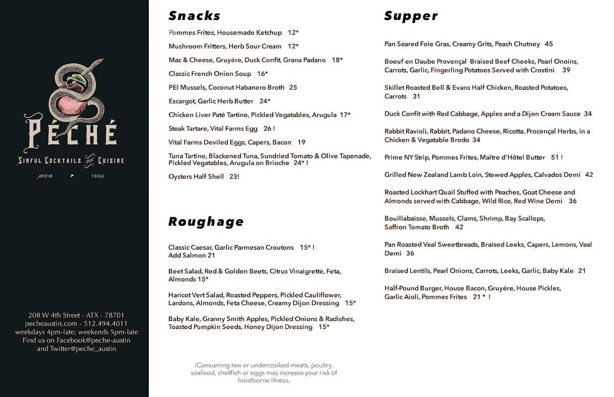 Menu at Péché pub & bar, Austin