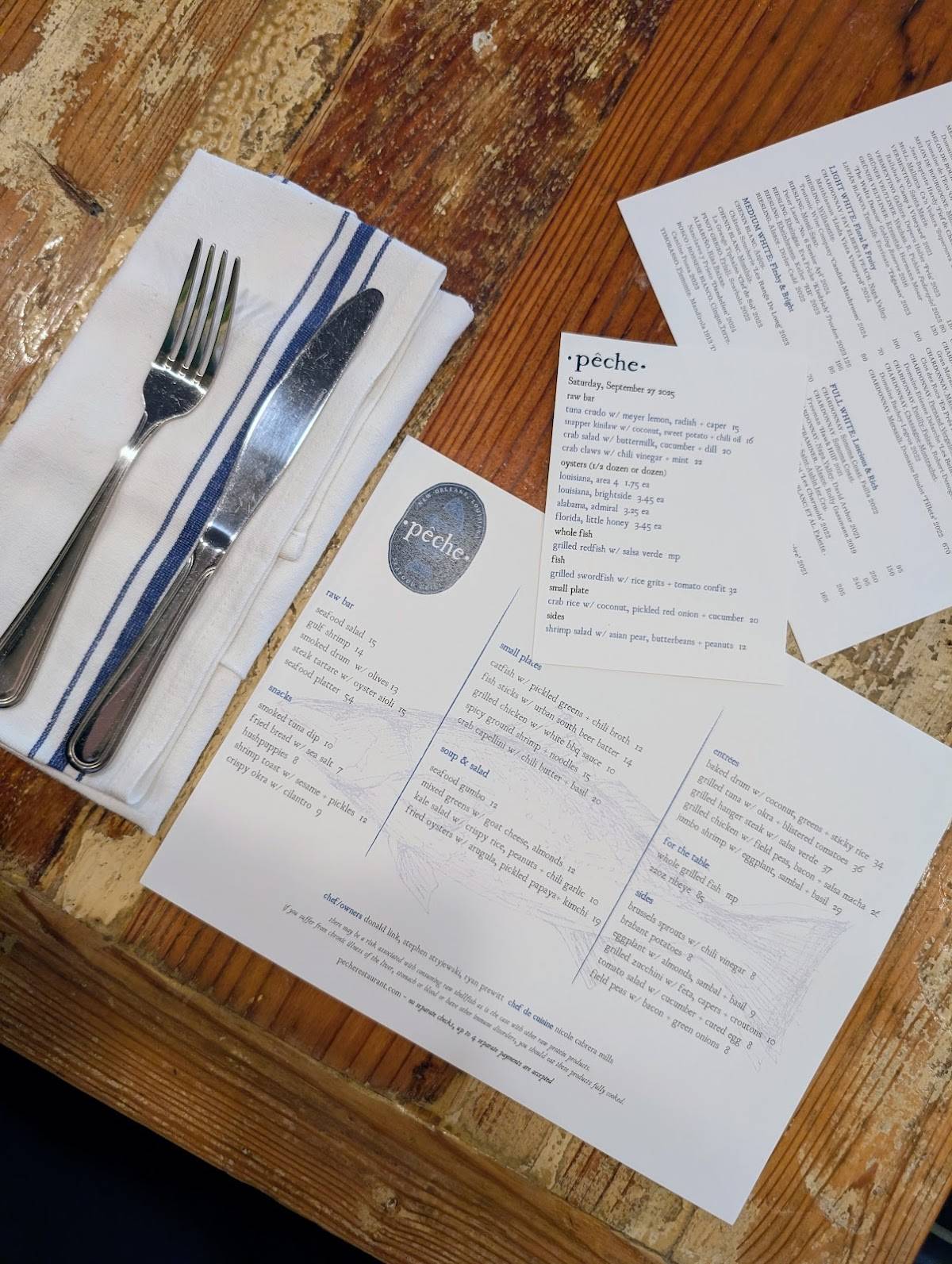 Menu at Pêche Seafood Grill restaurant, New Orleans