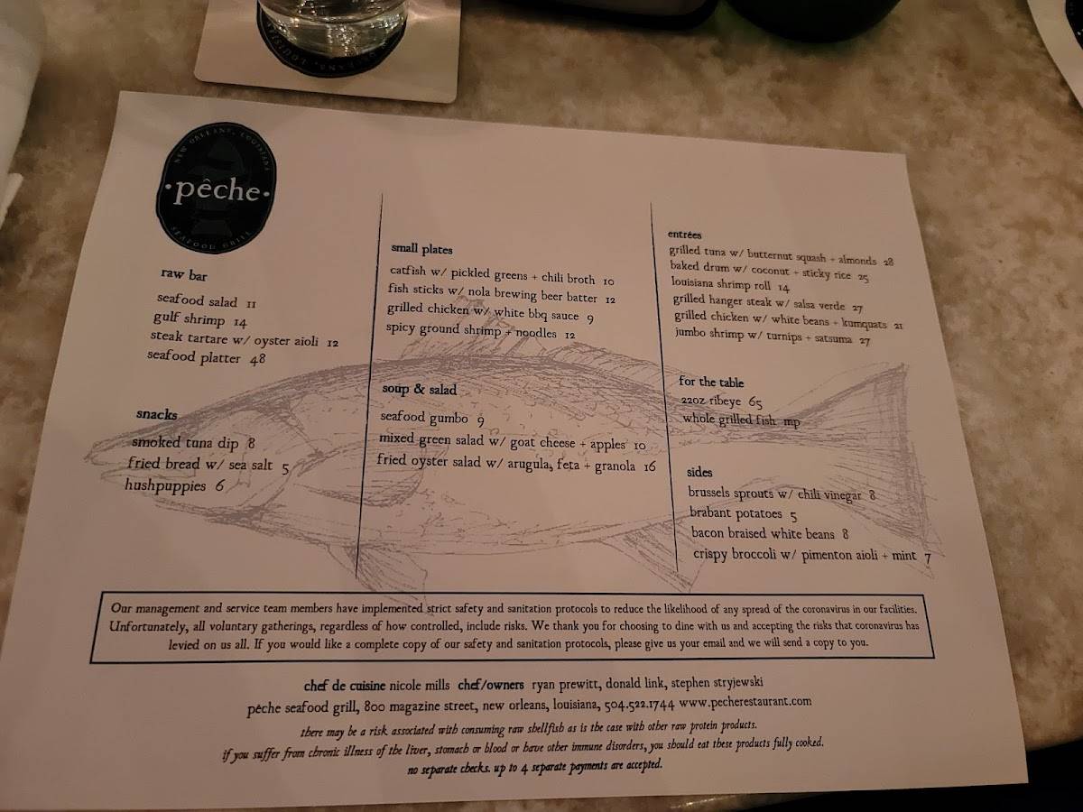 Menu at Pêche Seafood Grill restaurant, New Orleans