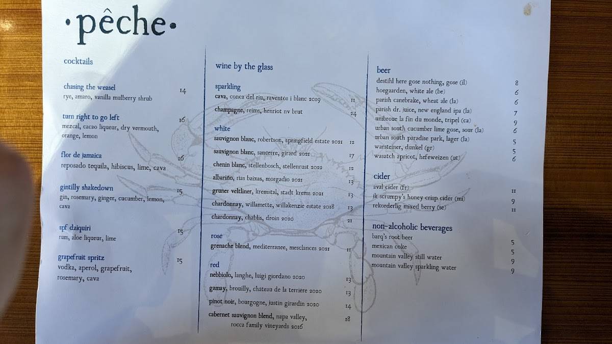 Menu at Pêche Seafood Grill restaurant, New Orleans