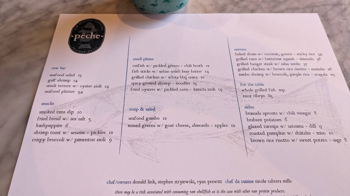 Menu at Pêche Seafood Grill restaurant, New Orleans