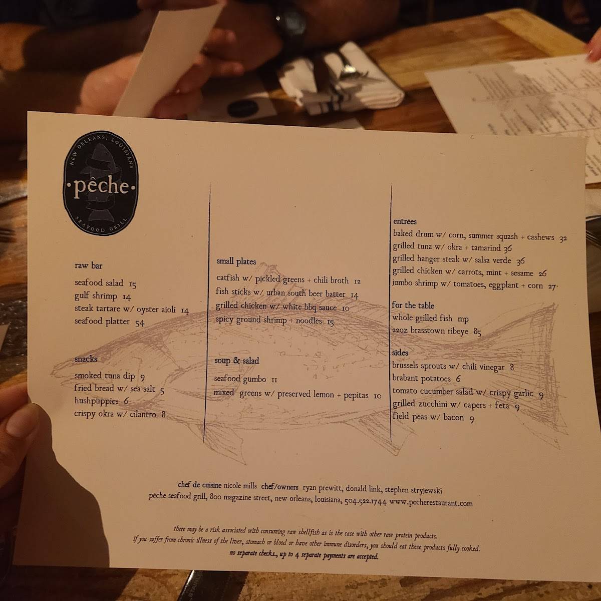 Menu at Pêche Seafood Grill restaurant, New Orleans